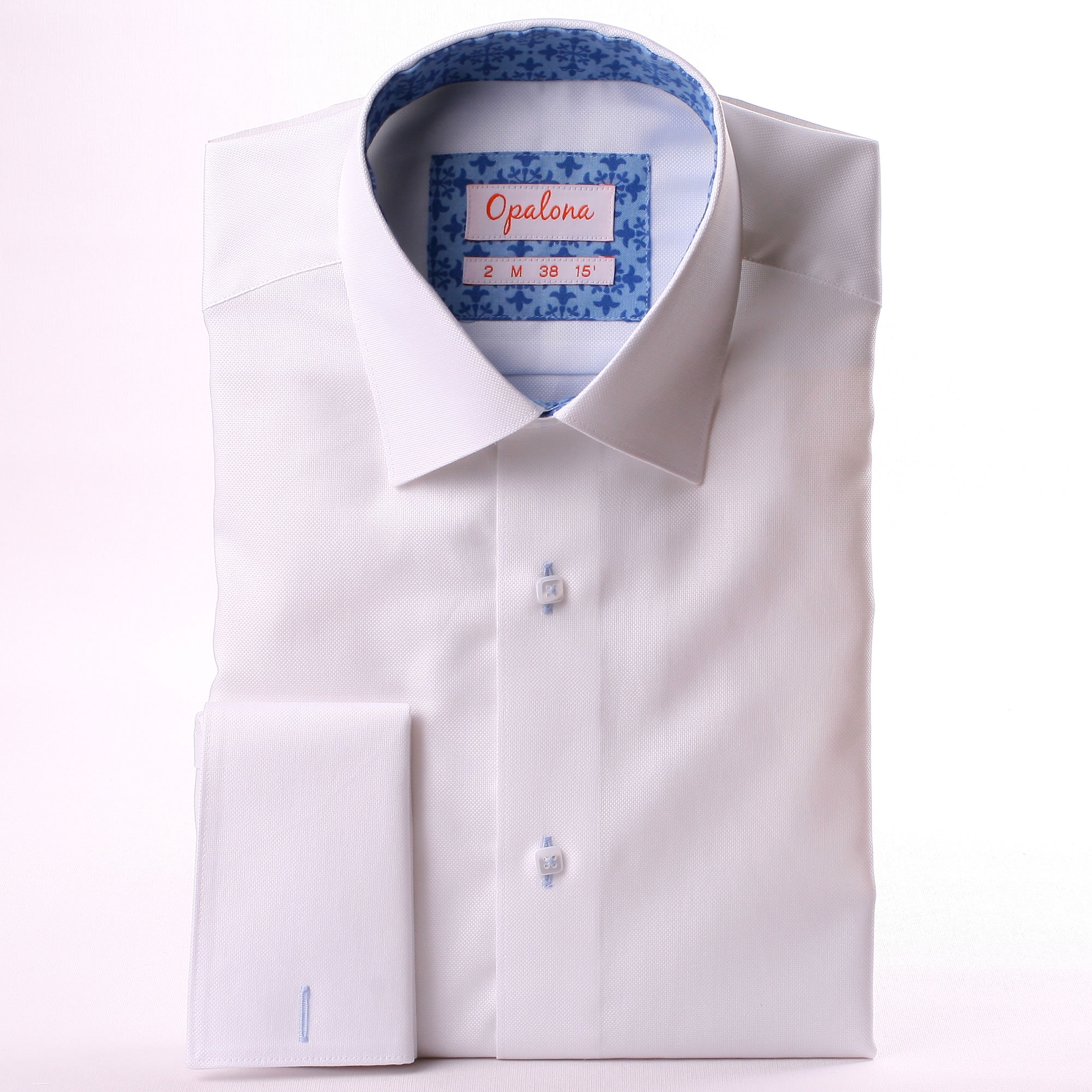 White french cuff shirt with blue patterns collar and cuffs