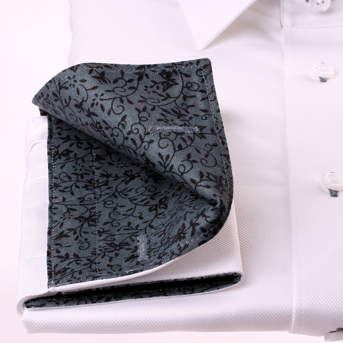 White french cuff shirt with grey patterns collar and cuffs