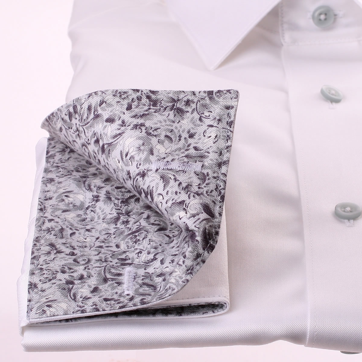 White french cuff shirt with grey pattern collar and cuffs