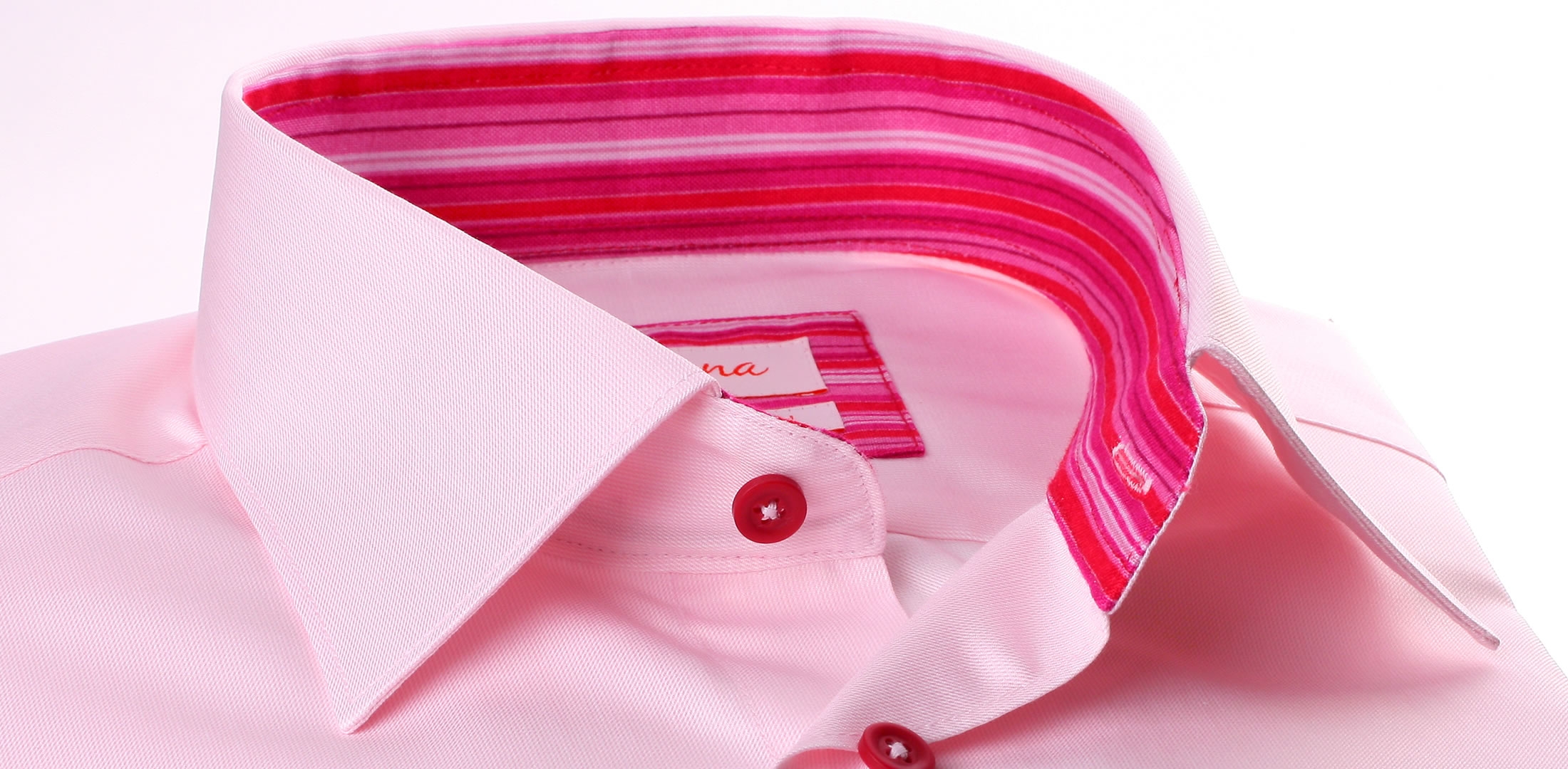 Pink shirt with red and pink striped collar and cuffs